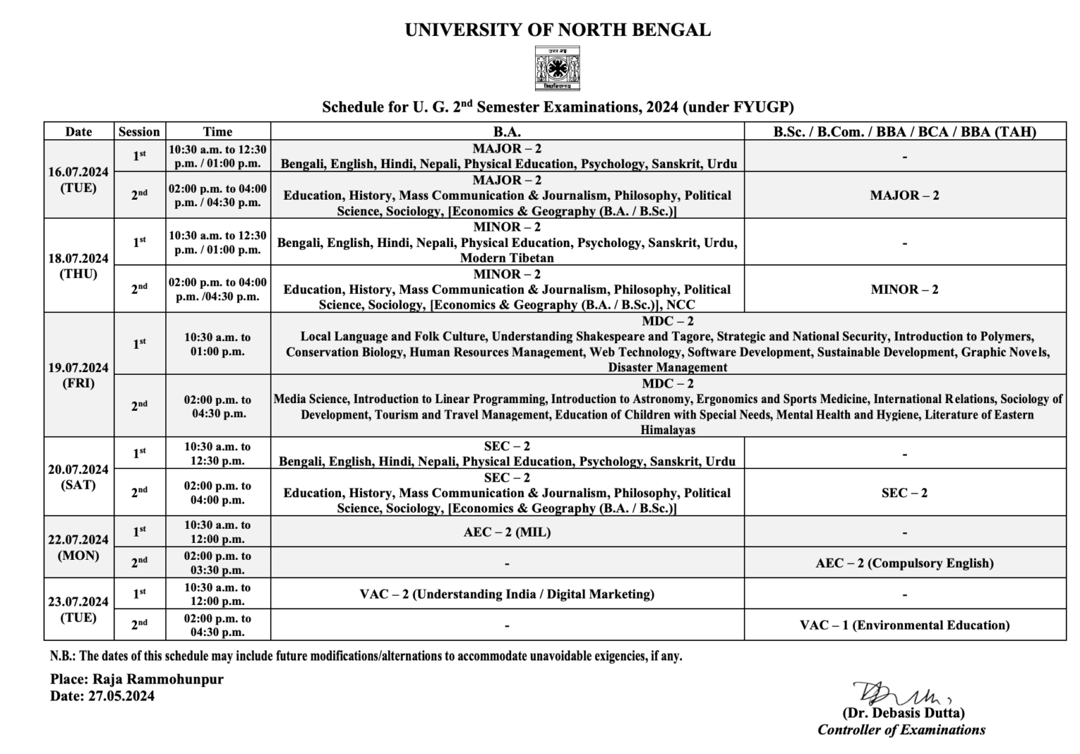 NBU Exam Routine 2024 Download 1st, 3rd, 5th Sem Exam Date {out}